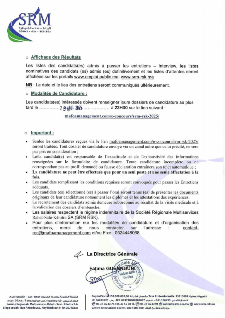 SRM Rabat-Salé-Kénitra 2025 : Concours de Recrutement de 44 Responsables Multiservices ...